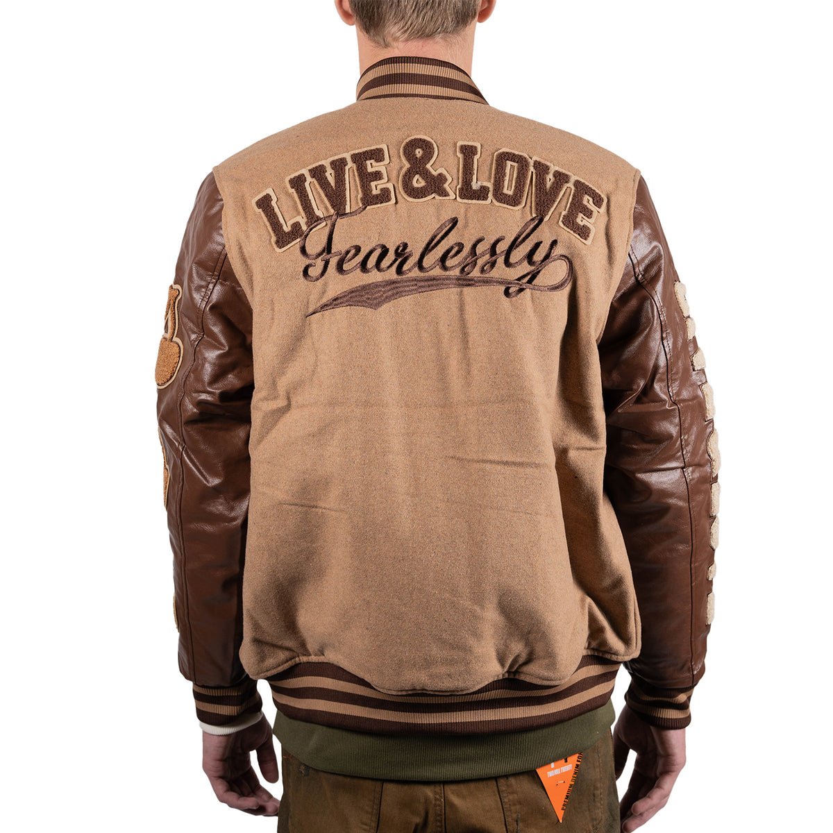 Men's Live & Love Varsity Bomber Jacket in Caramel - twomilltwenty